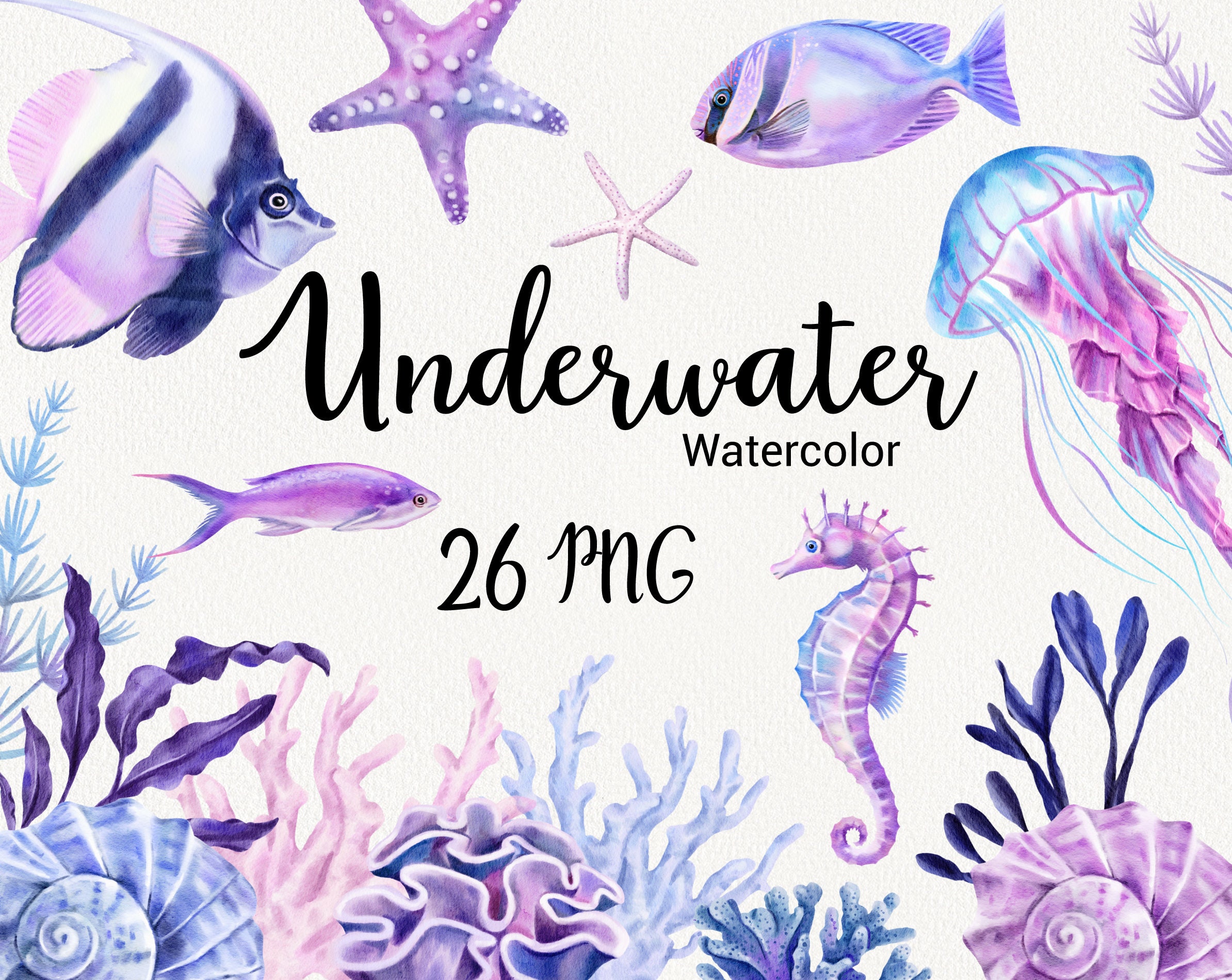 Watercolor Underwater Clipart, Nautical Clip Art, Sea Life, Fish, Coral ...