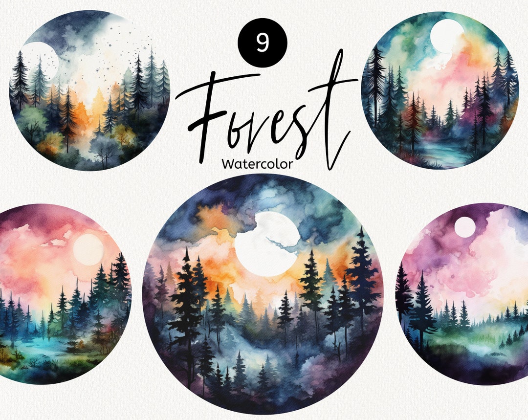 Watercolor Forest Clipart, Night Landscape, Pine Trees, Cosmic Sky With ...