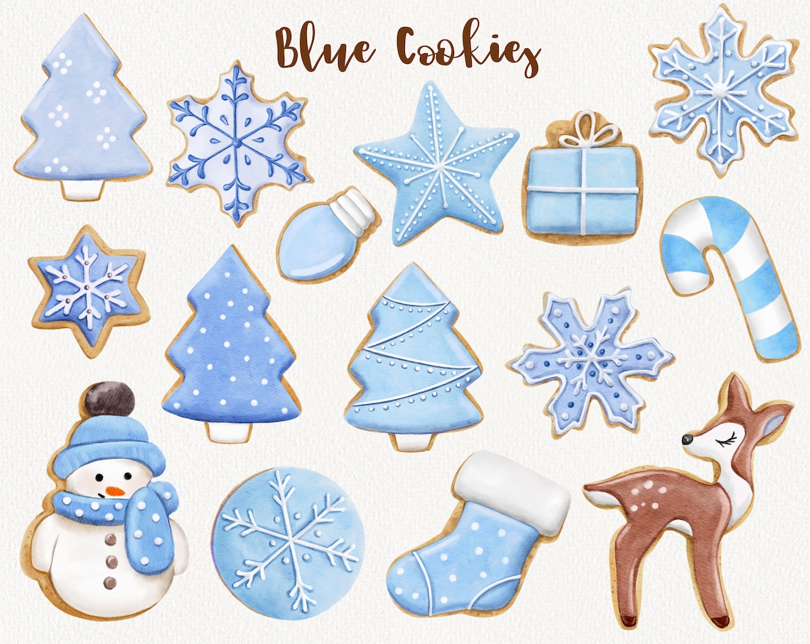 Christmas Cute Cookies Clipart Watercolor Blue Gingerbread - Etsy