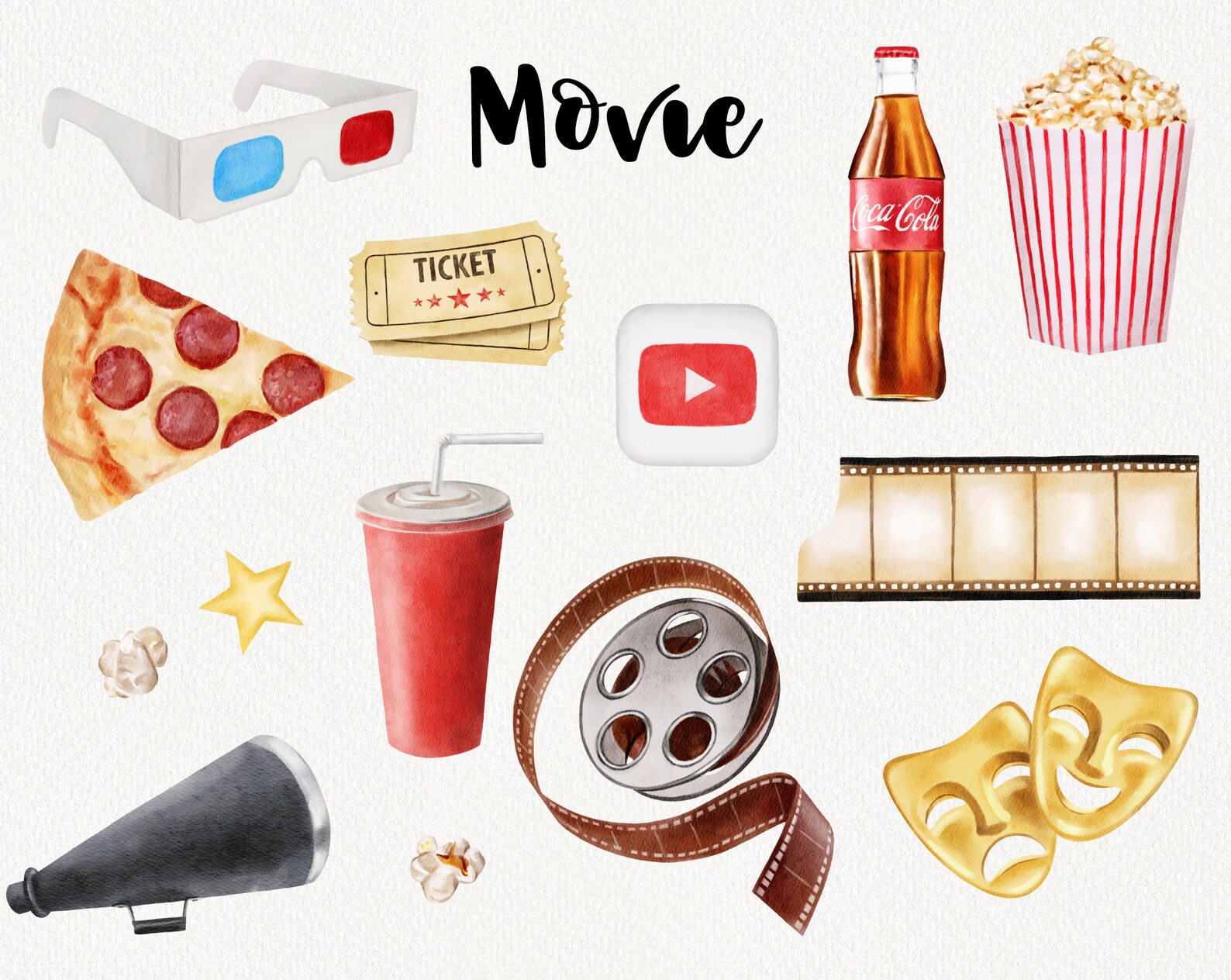 Movie Clipart, Watercolor Cinema Clipart, Summer Clip Art, Film ...
