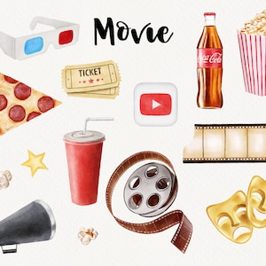 Movie Clipart, Watercolor Cinema Clipart, Summer Clip Art, Film ...