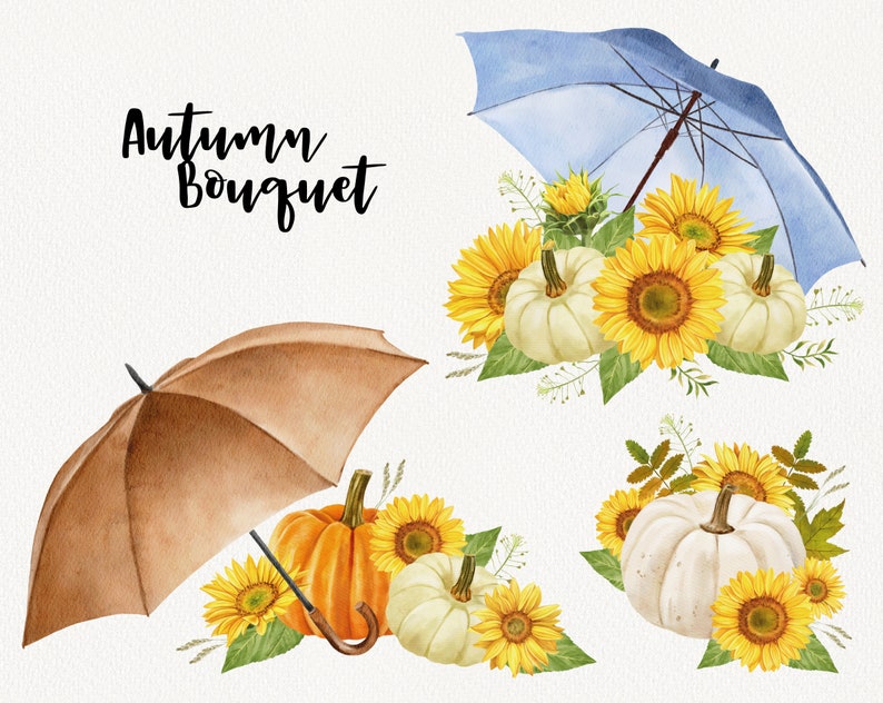 Watercolor Autumn Clipart, Pumpkin Clip Art, Fall Sunflowers, Umbrella ...