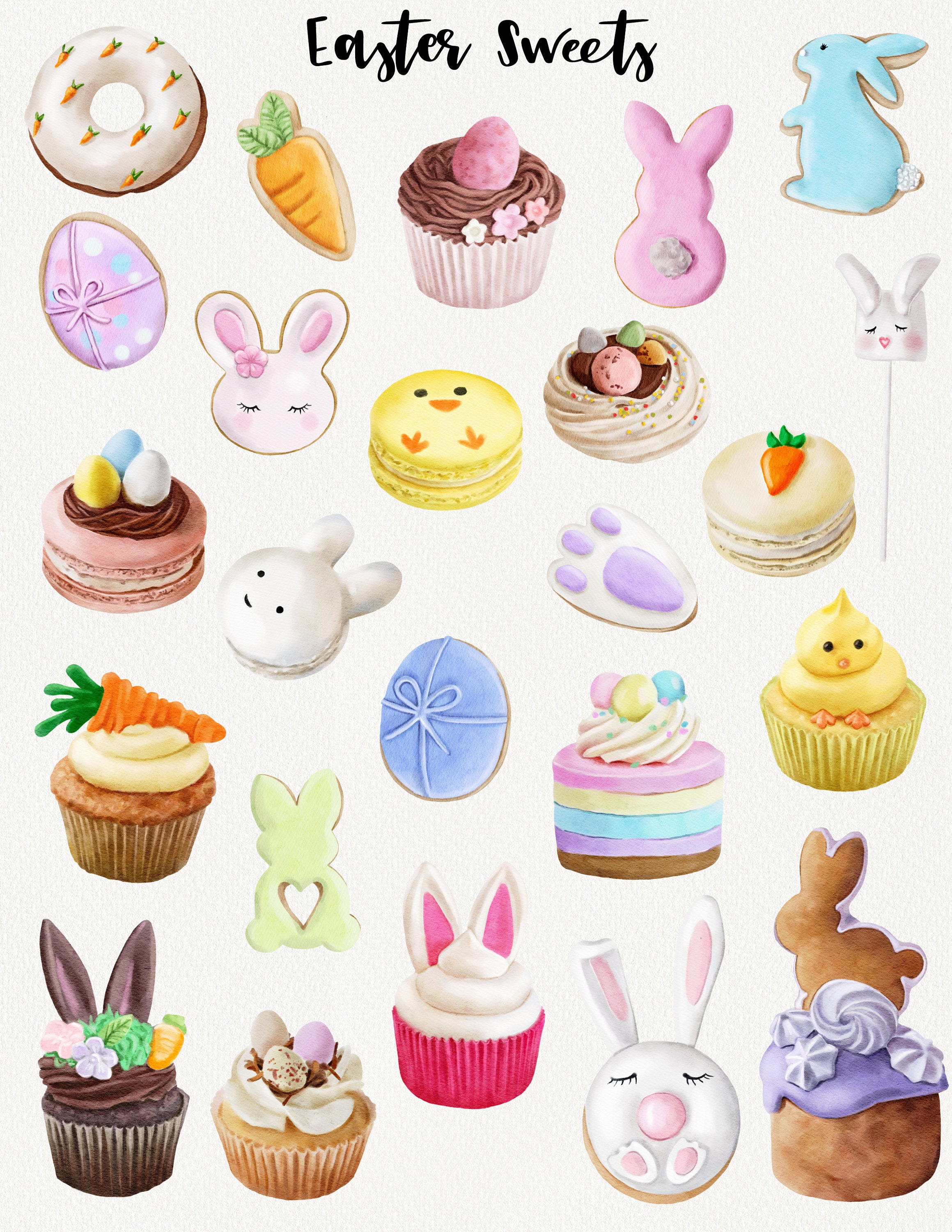 Watercolor Happy Easter Clipart, Cute Easter Sweets, Cupcake With Ears ...