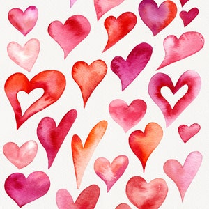 Watercolor Heart Valentine Day Clipart. Hand Painted Pink, Red Hearts ...