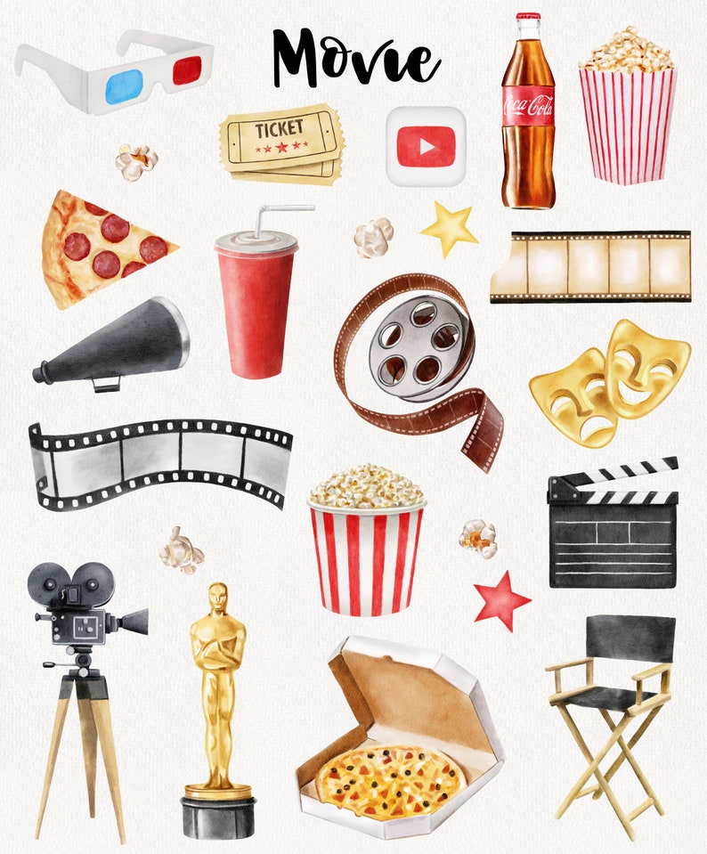 Movie Clipart, Watercolor Cinema Clipart, Summer Clip Art, Film ...