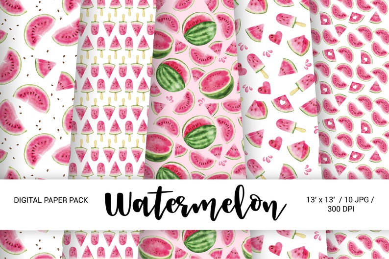 Watercolor Watermelon Digital Paper Fruit Tropical Summer - Etsy