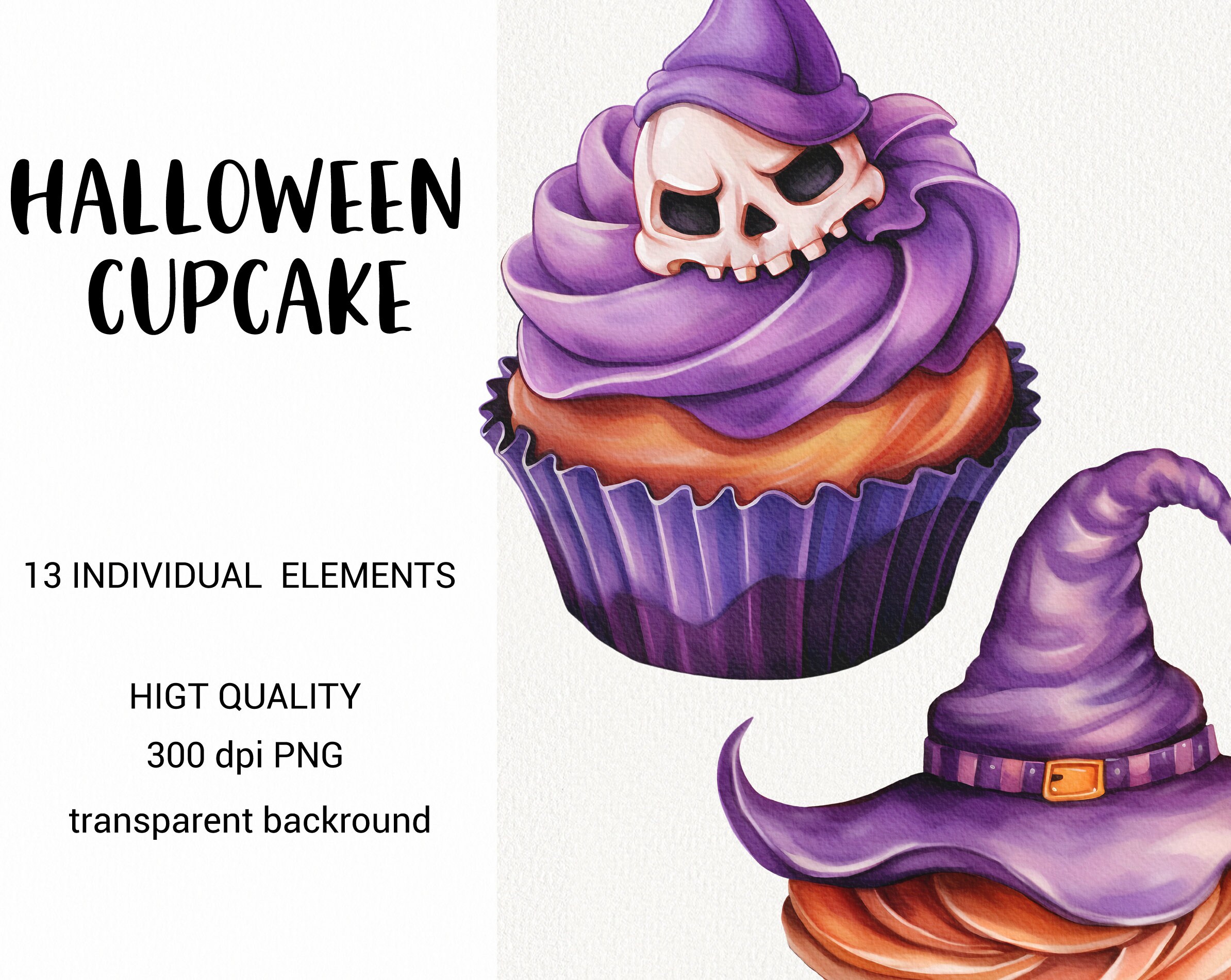 Watercolour Halloween Cupcake Clipart, Cute Candy, Witch Hat, Spooky ...