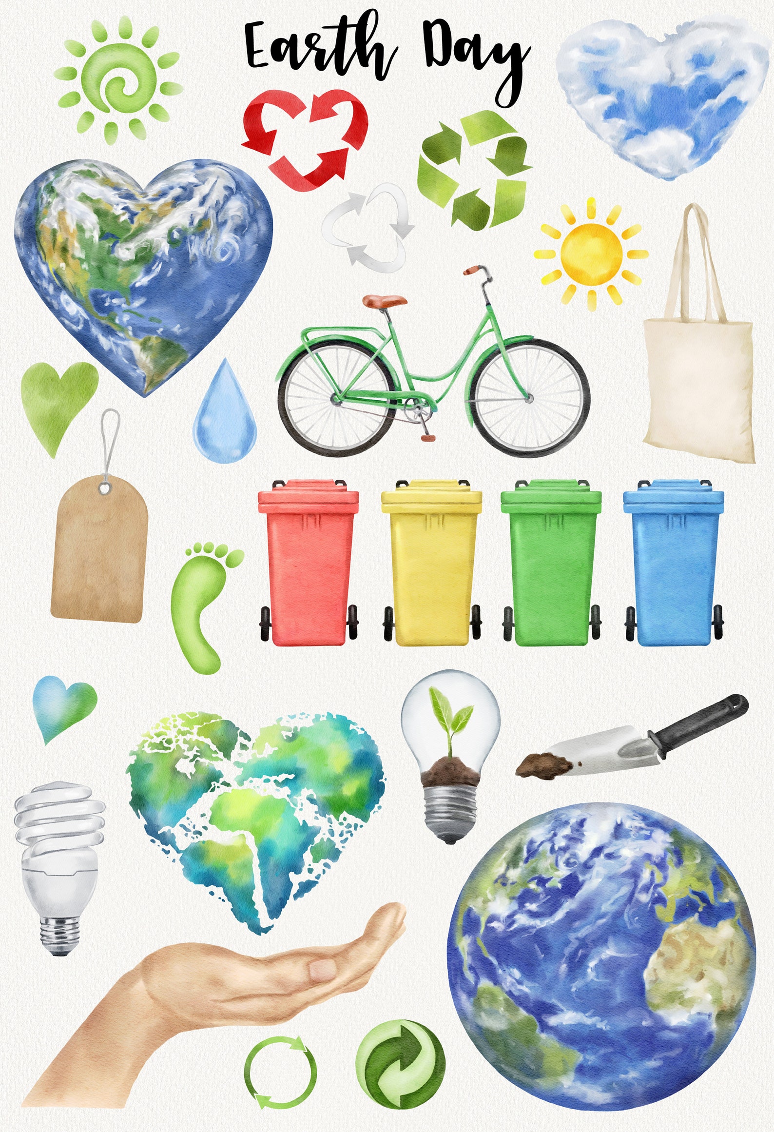 Watercolor Earth Day Clipart, Ecological Icons, Greenery Clipart, Love ...