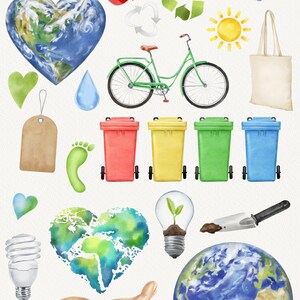 Watercolor Earth Day Clipart, Ecological Icons, Greenery Clipart, Love ...