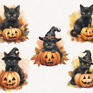 Watercolor Halloween Black Cat Clipart, Spooky Witch Cat, Cute Pumpkin ...
