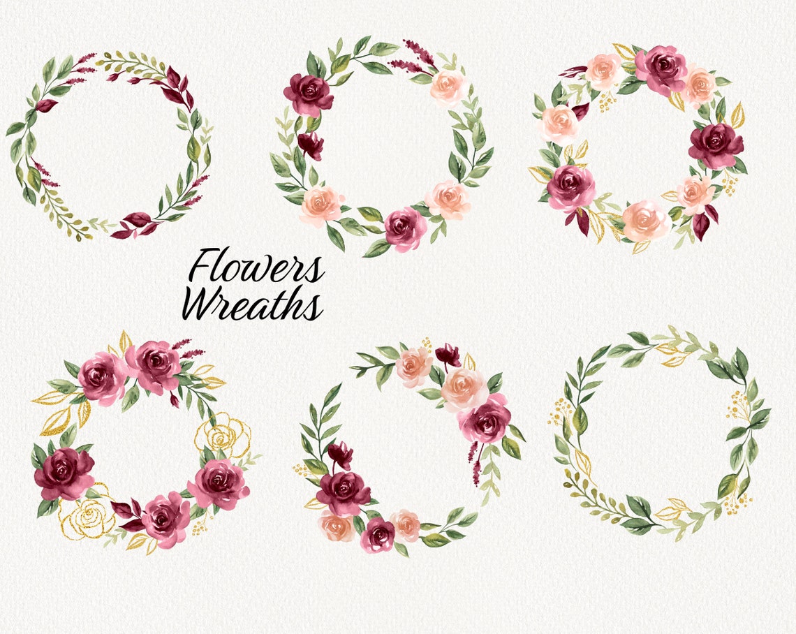 Watercolor Boho Flower Wreath Clipart Burgundy Red Rose - Etsy
