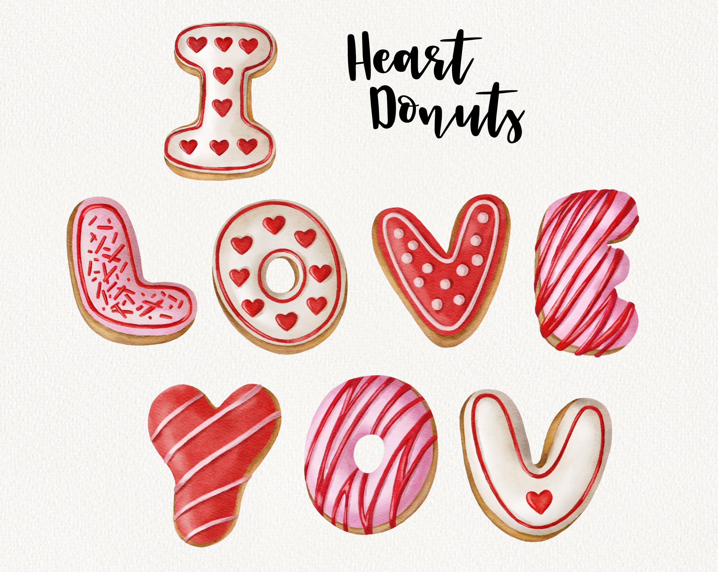 Watercolor Valentines Day Donut Clipart, Heart Donuts, Love Sweet ...
