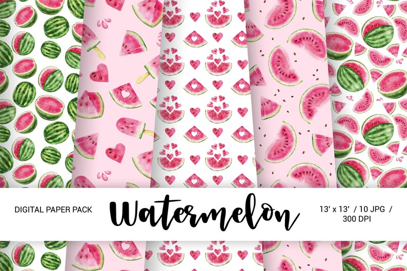 Watercolor Watermelon Digital Paper, Fruit Tropical Summer Seamless ...