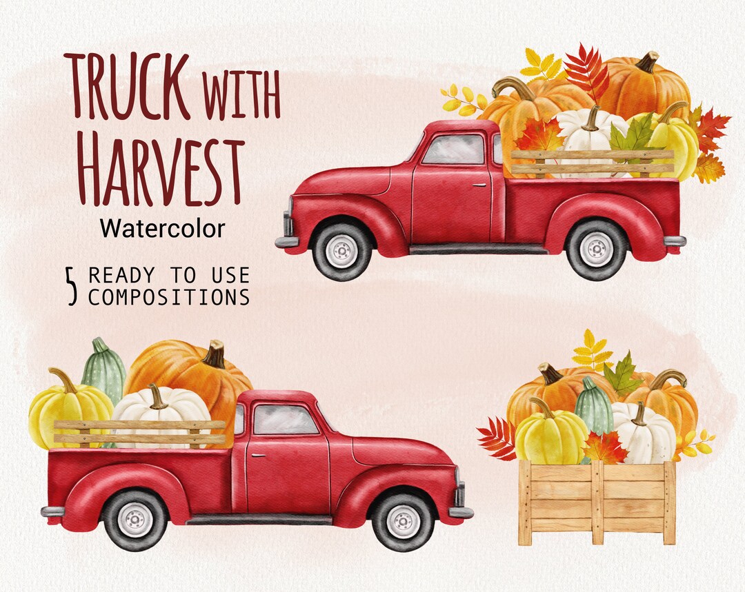 Fall Autumn Truck Clipart, Watercolor Harvest Car With Pumpkins, Autumn ...