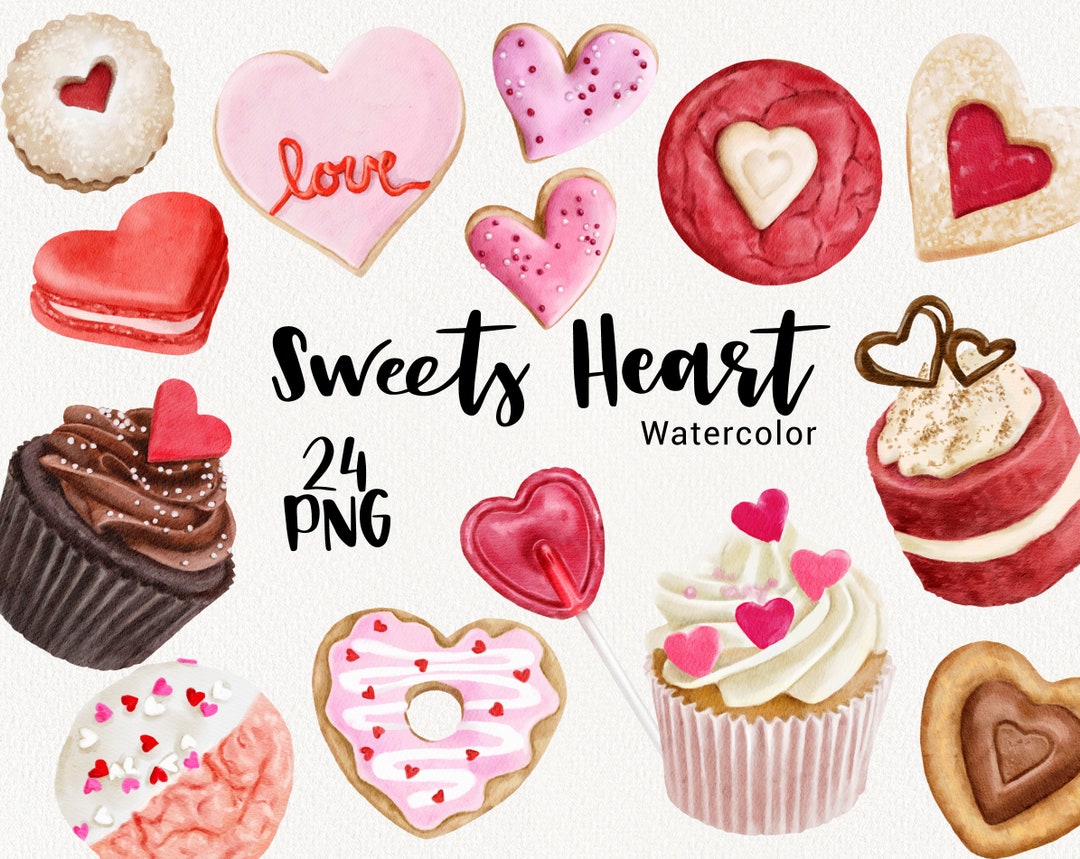 Watercolor Valentines Day Clipart, Cute Love Sweets Clip Art, Red Donut ...