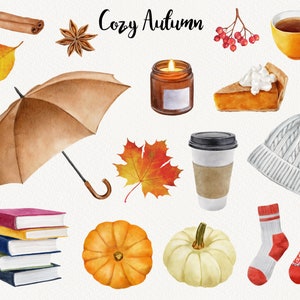 Watercolor Autumn Cozy Clipart, Clothes Coffee Pumpkin Candle Dried ...