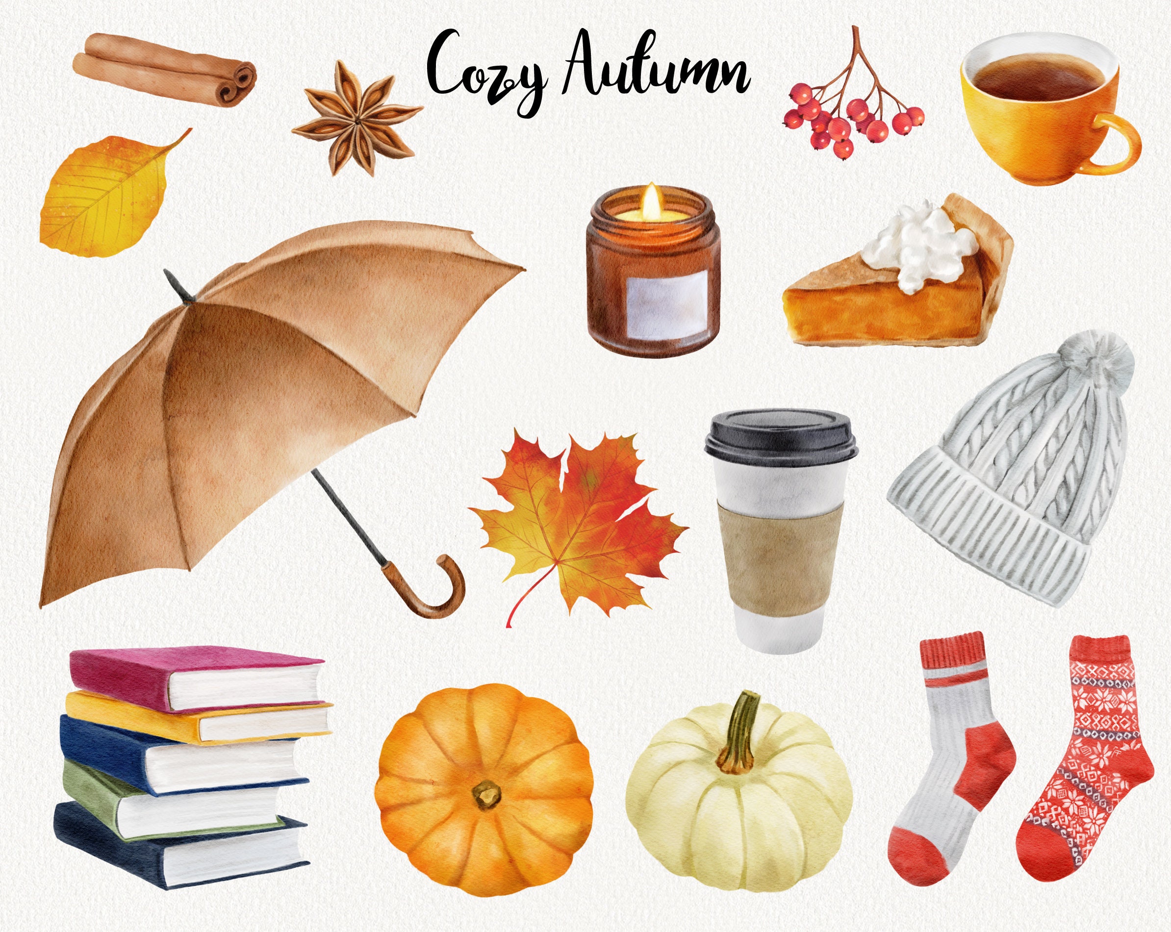 Watercolor Autumn Cozy Clipart, Clothes Coffee Pumpkin Candle Dried ...