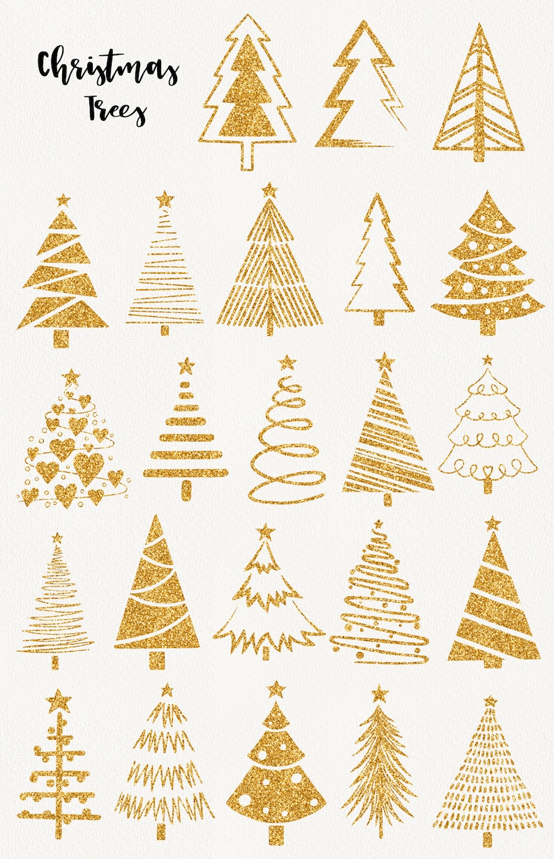 Christmas Tree Clipart, Gold Glitter Trees Doodles, Winter Holiday ...