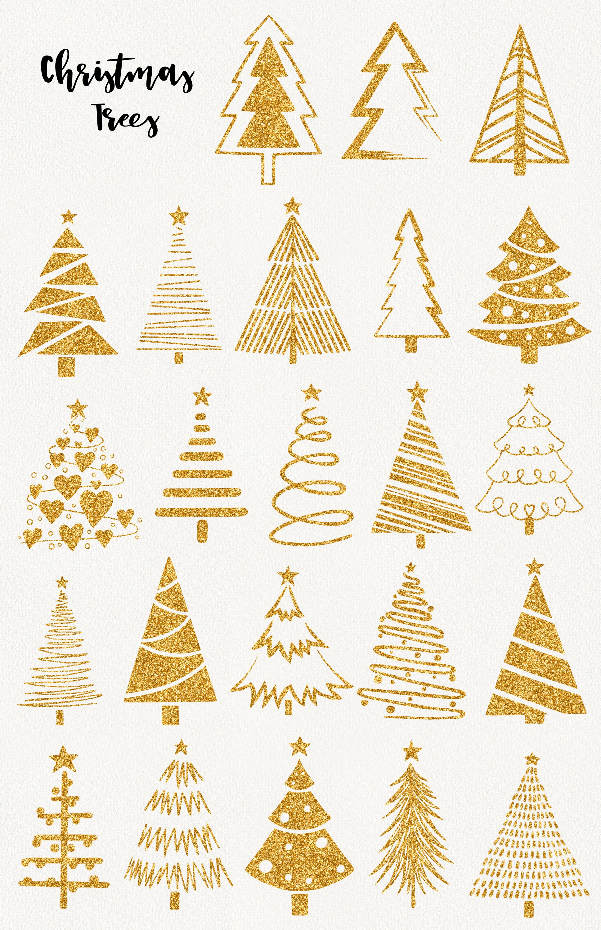 Christmas Tree Clipart Gold Glitter Trees Doodles Winter - Etsy