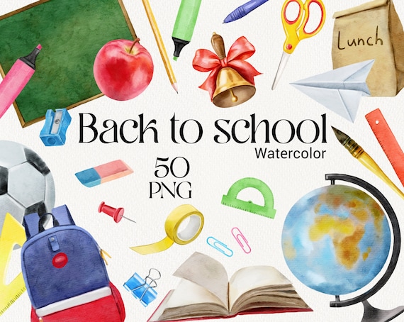 Watercolor Back to School Clipart School Supplies Clip Art - Etsy