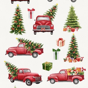 Watercolor Christmas Truck, Vintage Red Pickup With Trees and Gifts ...