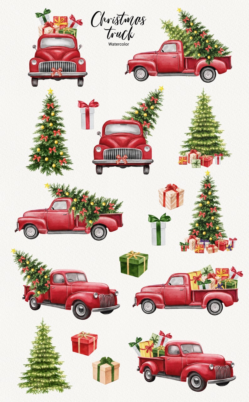 Watercolor Christmas Truck Vintage Red Pickup With Trees and - Etsy