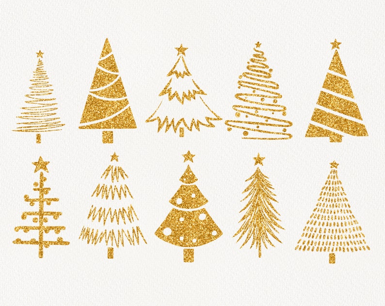 Christmas Tree Clipart, Gold Glitter Trees Doodles, Winter Holiday ...