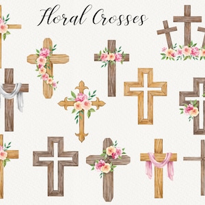 Watercolor Cross Clipart, Easter Wood Crosses With Flowers Clip Art ...