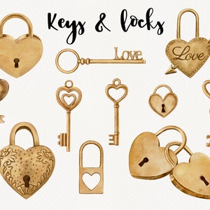 Valentine's Day Clipart, Watercolor Heart Keys and Locks Clip Art, Love ...