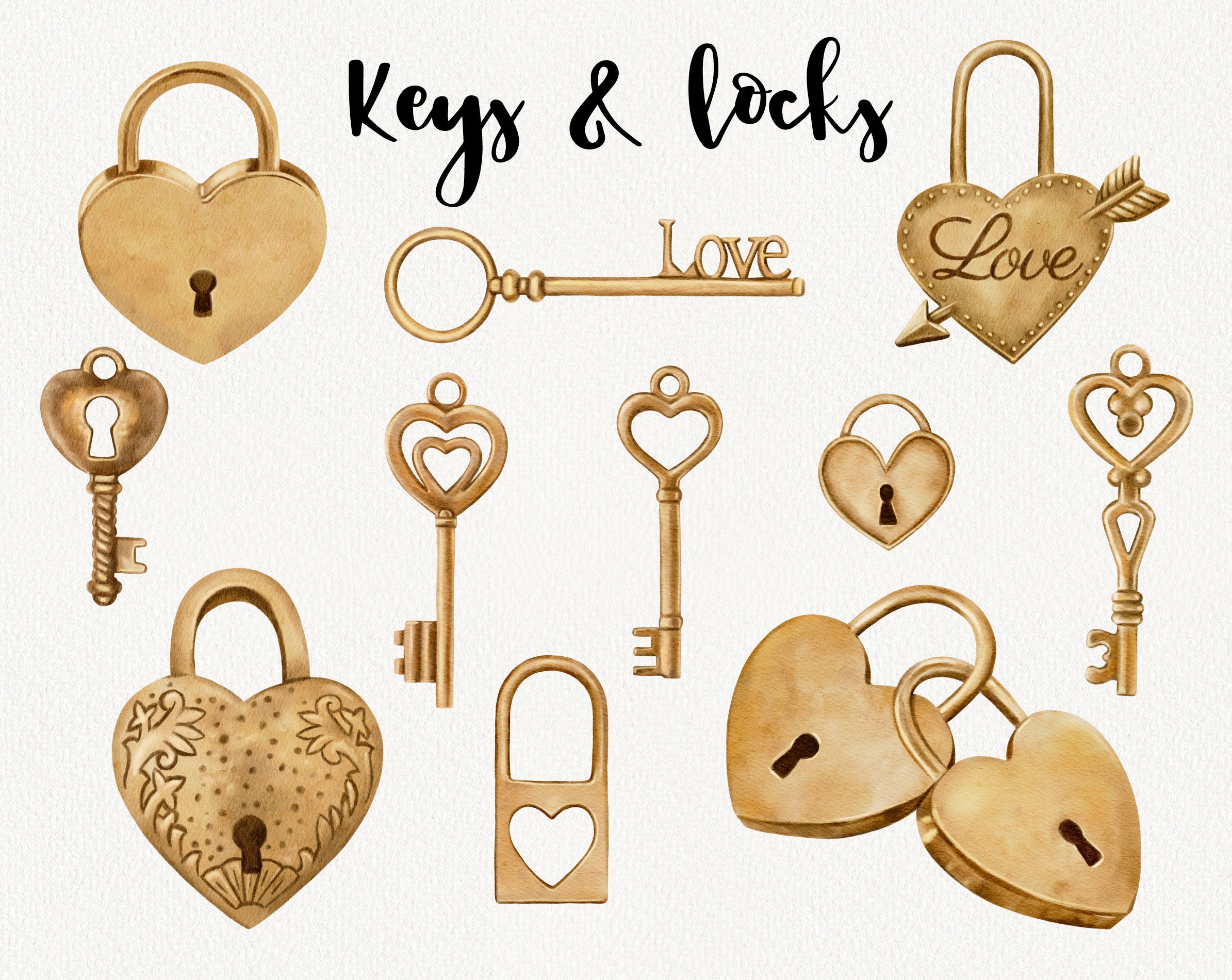 Valentine's Day Clipart, Watercolor Heart Keys and Locks Clip Art, Love ...