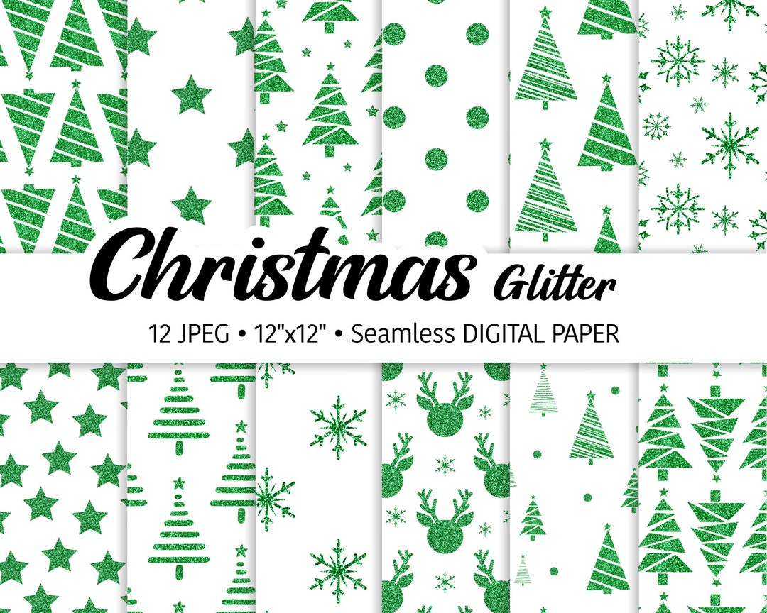 Christmas Glitter Digital Paper Pack, Cute Green Glitter Trees, Winter ...