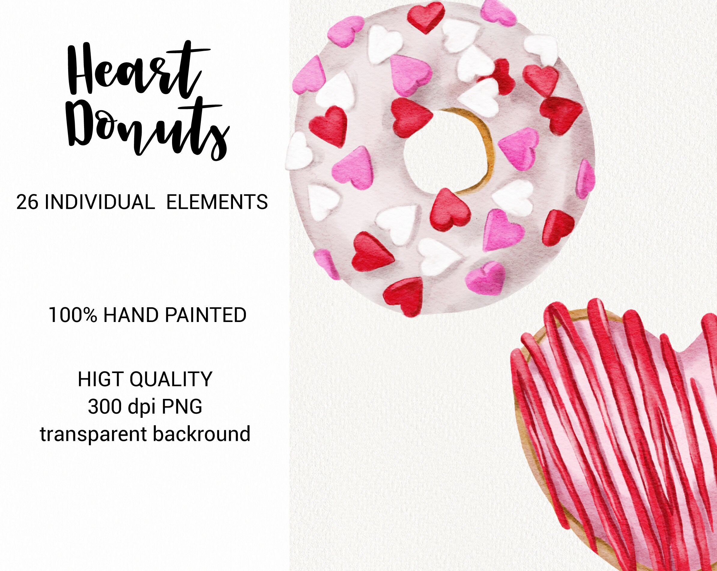 Watercolor Valentines Day Donut Clipart, Heart Donuts, Love Sweet ...