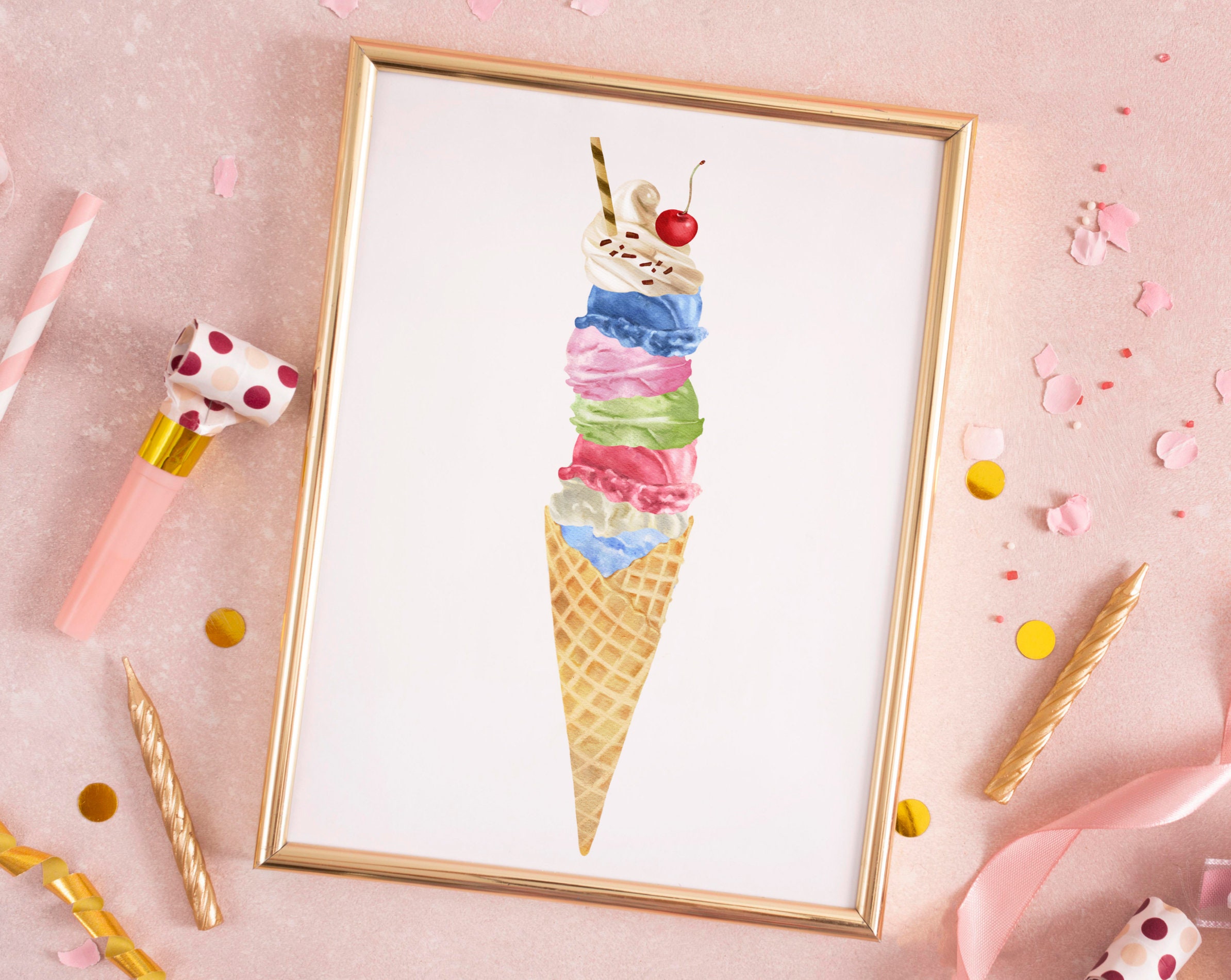 Ice Cream Clipart Watercolor Summer Icecream Waffle Cone - Etsy