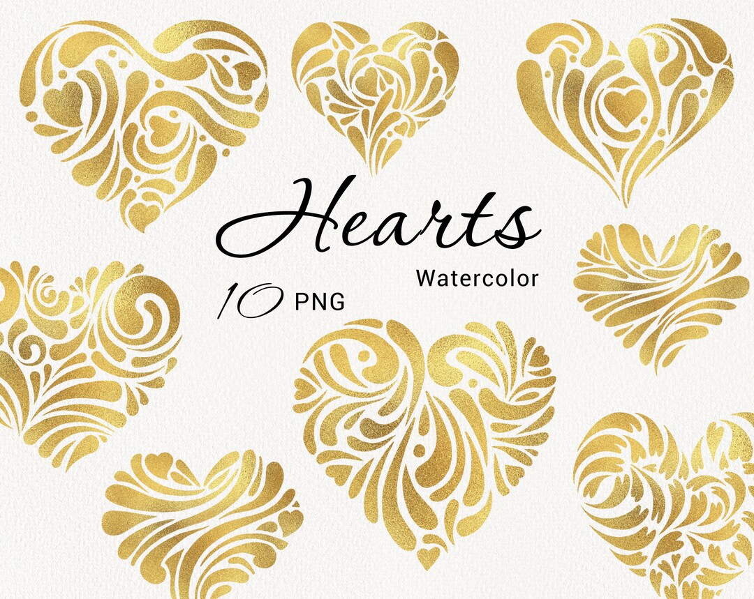Valentine's Day Clipart, Watercolor Hearts Love Clip Art, Cute Gold ...