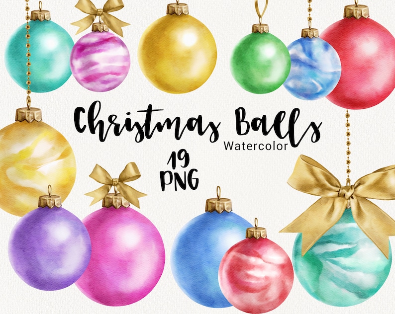 Christmas Balls Clipart, Watercolor Ornaments Clip Art, Winter Holiday ...