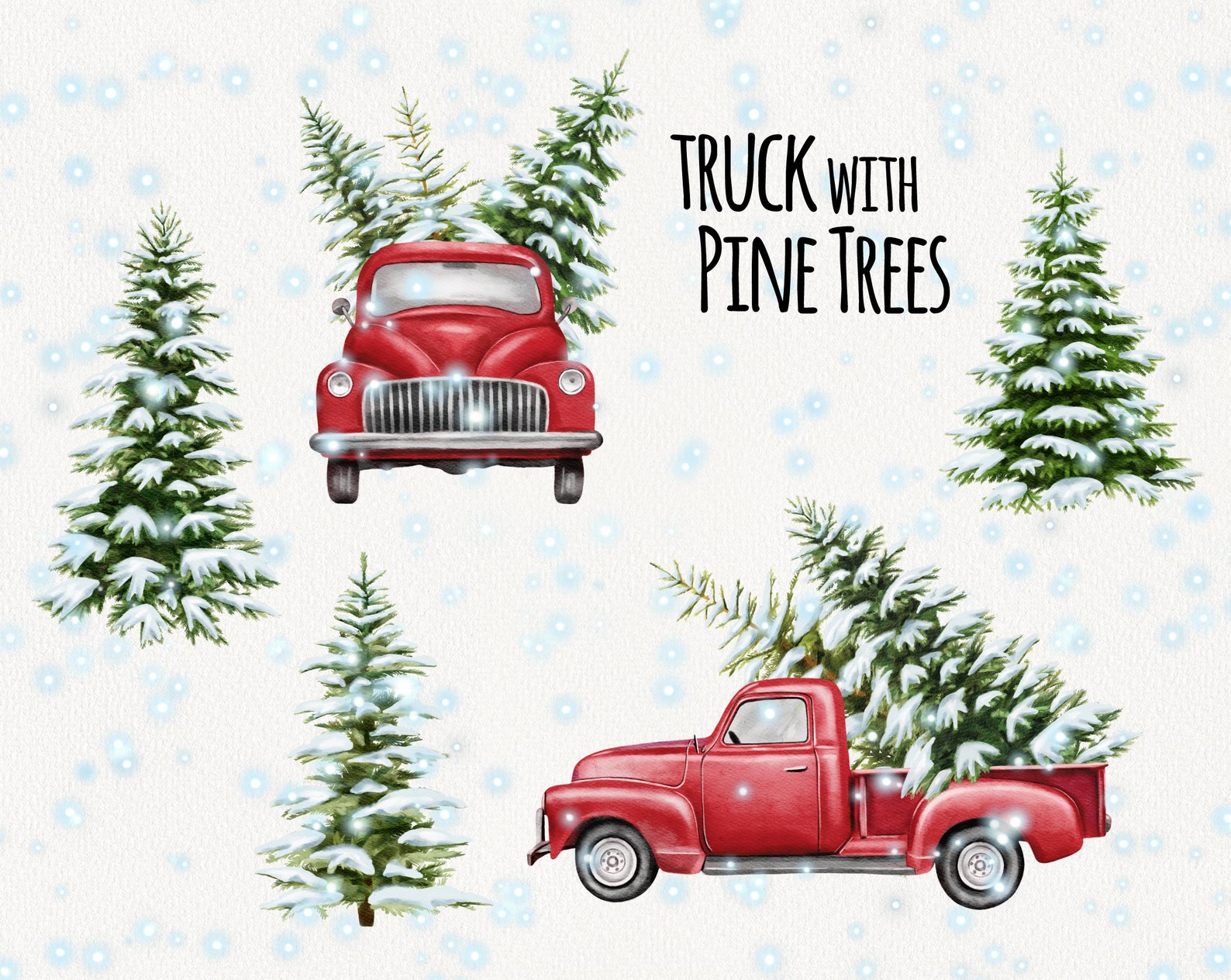 Watercolor Christmas Truck, Vintage Red Pickup With Trees Clip Art ...