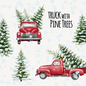 Watercolor Christmas Truck, Vintage Red Pickup With Trees Clip Art ...