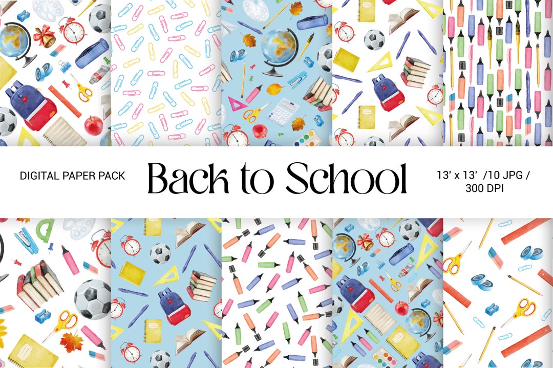 Watercolor Back to School Digital Paper, School Supplies, Autumn ...