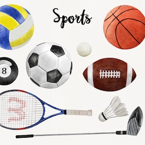 Watercolor Sports Clipart, Football, Basketball, Baseball, Soccer ...