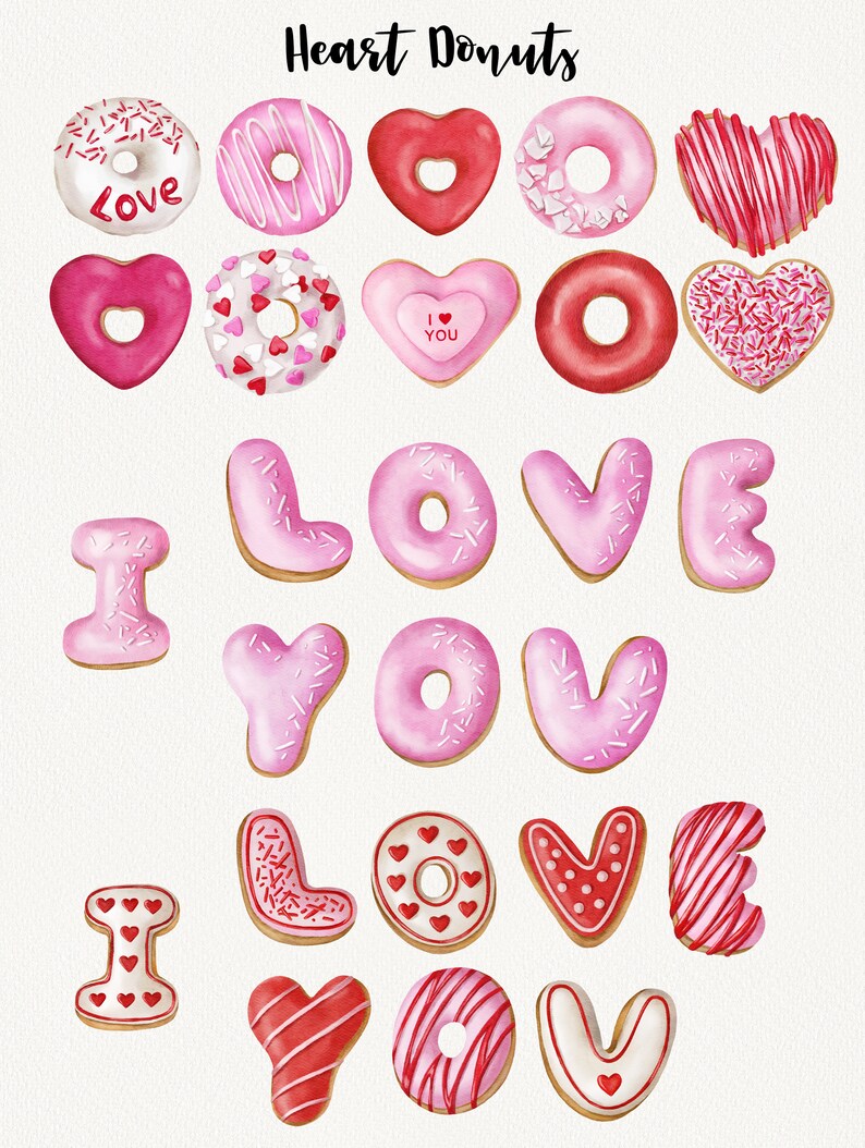 Watercolor Valentines Day Donut Clipart, Heart Donuts, Love Sweet ...