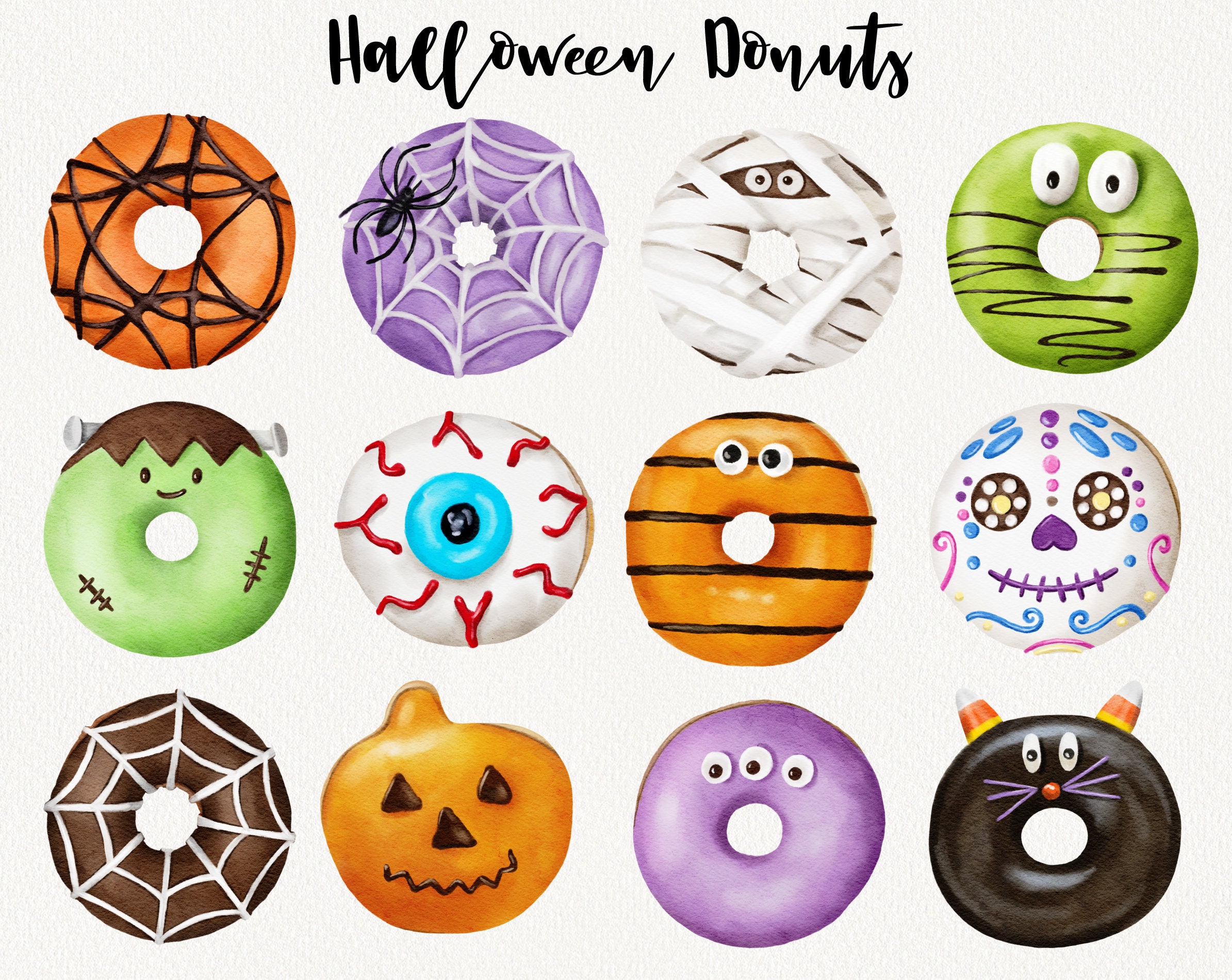 Happy Halloween Clipart Watercolor Cute Halloween Donuts - Etsy