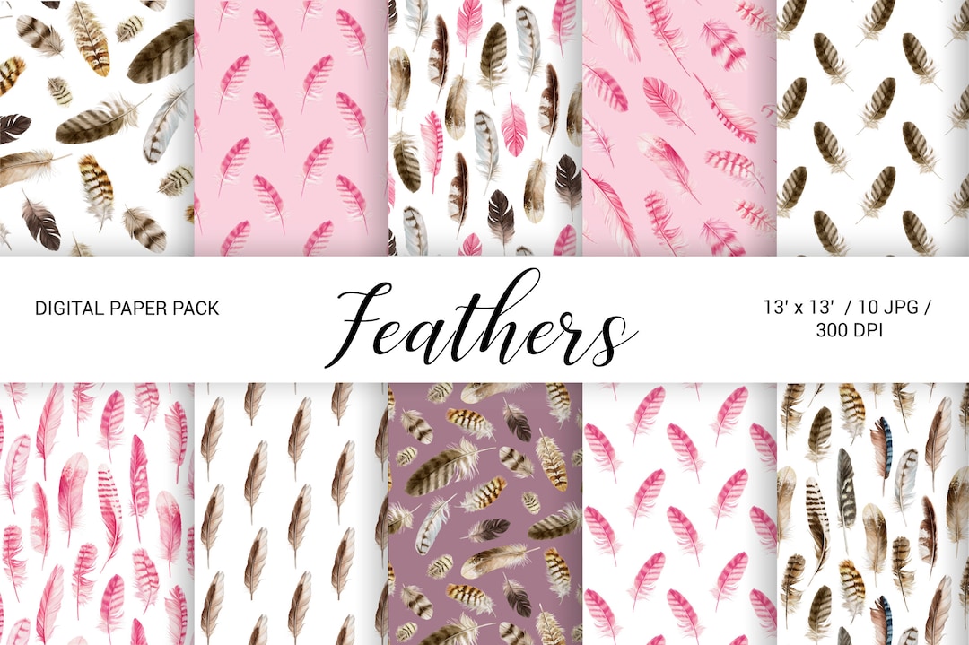Feather Digital Paper Pack, Watercolor Boho Scrapbook Seamless Paper ...