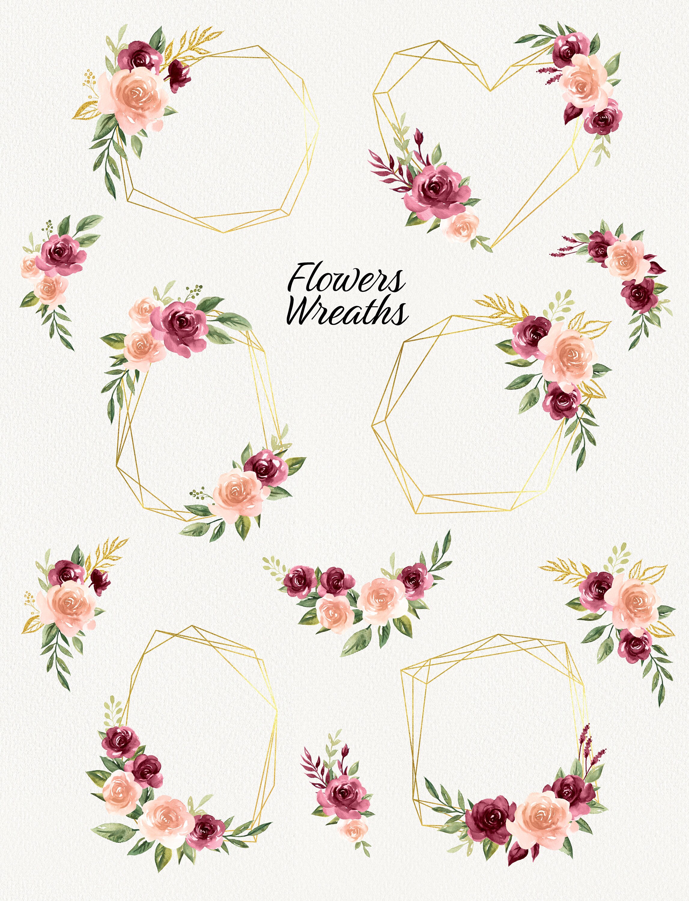 Watercolor Boho Floral Wreath Clipart Burgundy Flowers Gold - Etsy