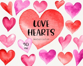 Watercolor Valentine Clipart, Hearts Graphics, Love Clipart, Watercolor ...