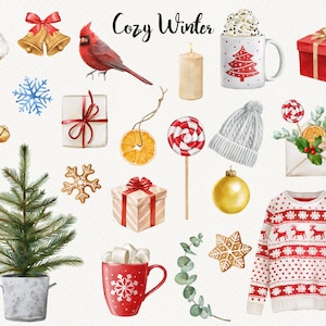 Watercolor Christmas Clipart, Winter Cozy Holiday Clip Art, Tree Gifts ...