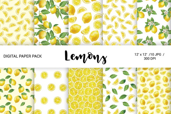 Watercolor Lemon Digital Paper Hand Painted Summer Lemon - Etsy