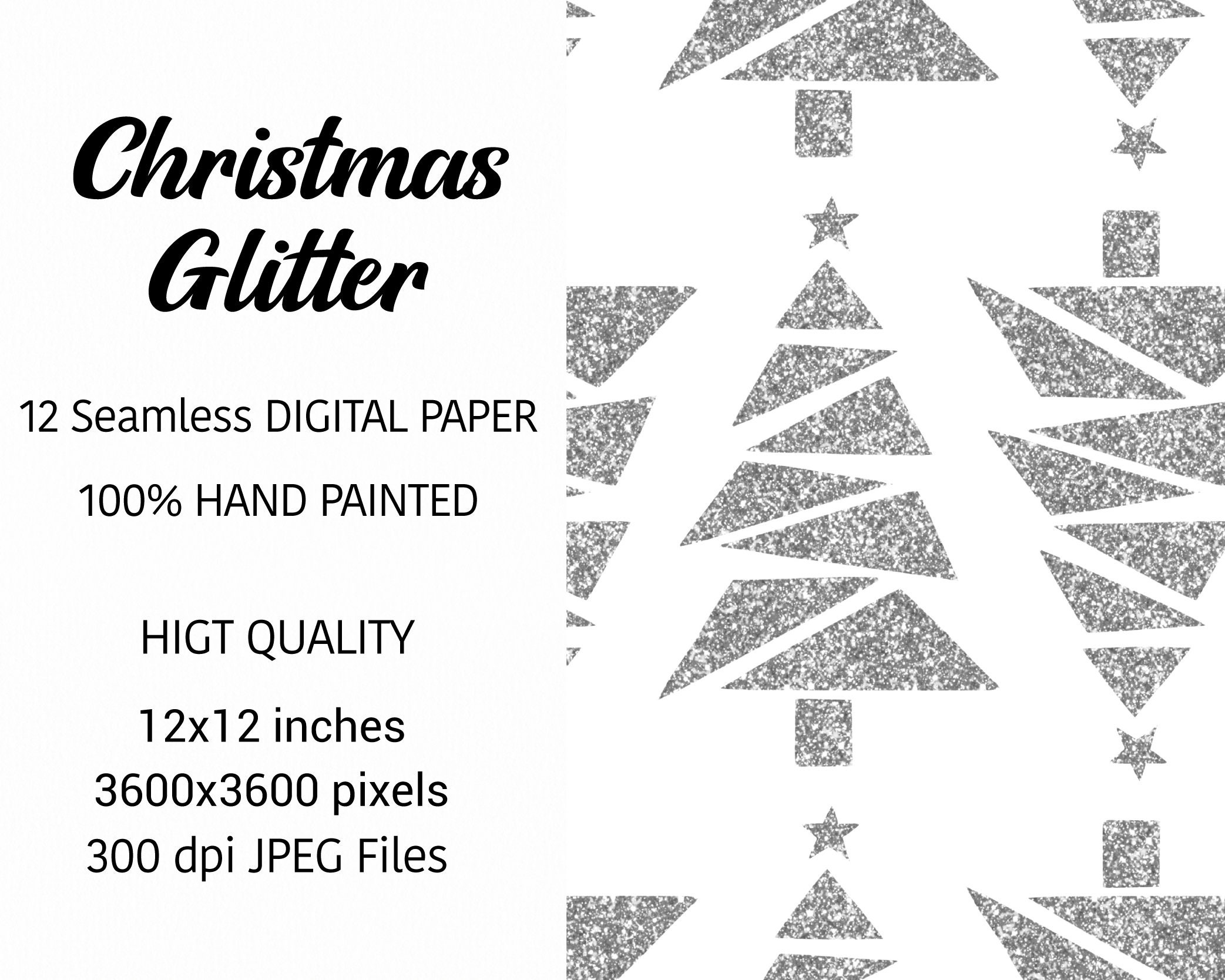 Christmas Glitter Digital Paper Pack, Cute Silver Glitter Trees, Winter ...