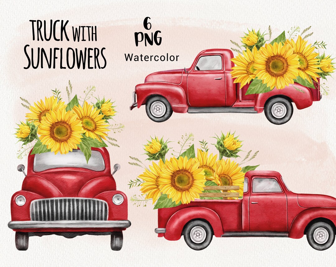 Watercolor Truck With Sunflowers Clipart, Retro Red Truck Clip Art ...