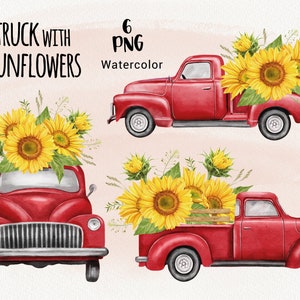 Watercolor Truck With Sunflowers Clipart, Retro Red Truck Clip Art ...