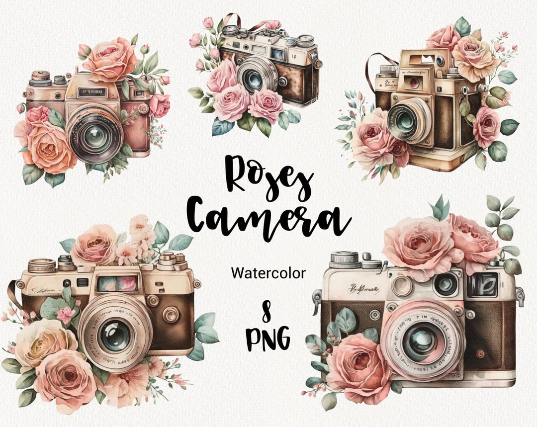Watercolor Vintage Roses Camera Clipart, Flowers Floral Photo Camera ...